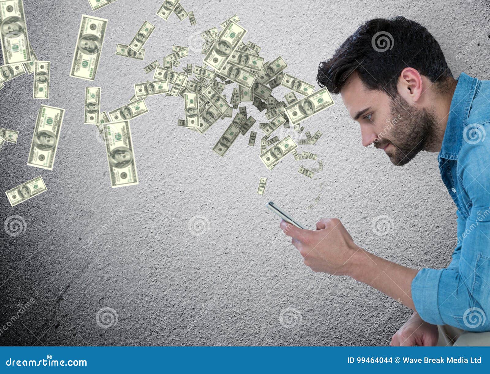 Texting Money. Man Sitting with Phone, Money Coming Up from Phone Stock ...
