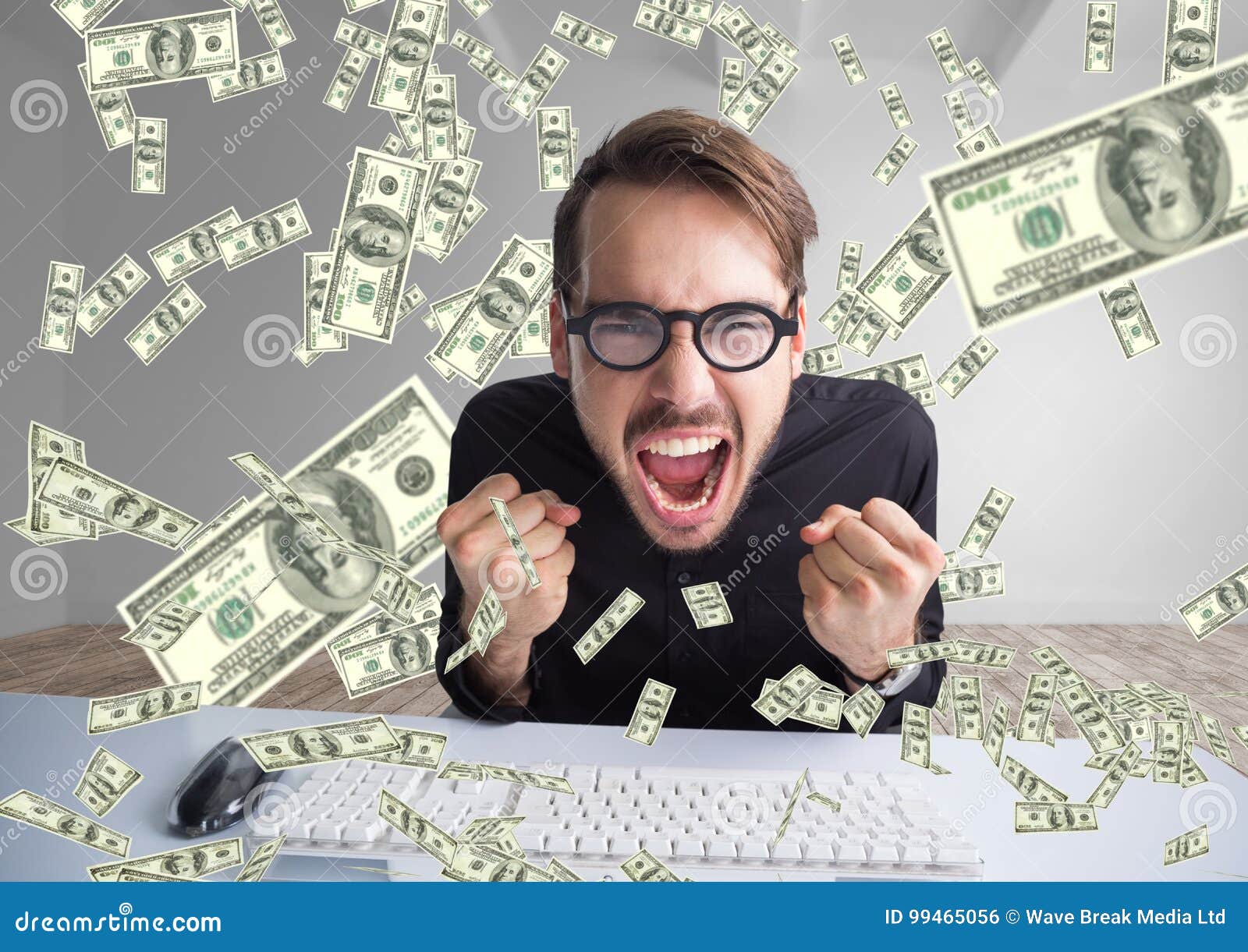 Texting Money. Very Happy Man Shouting in Front of the Computer, Money ...