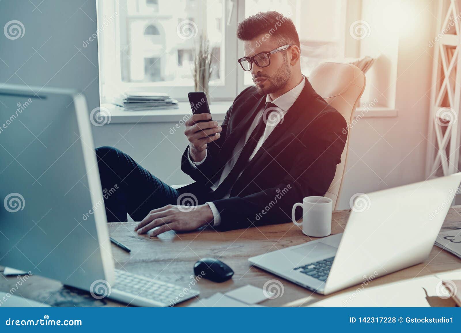 Texting to client. stock photo. Image of people, busy - 142317228