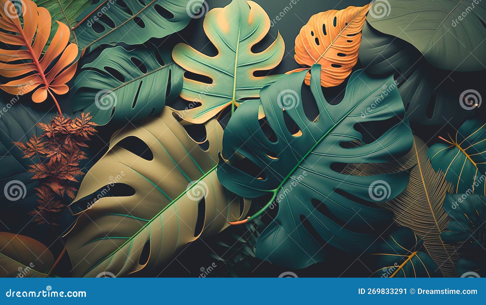 Texture Background with Different Exotic Leaves, Generative Al. Stock ...