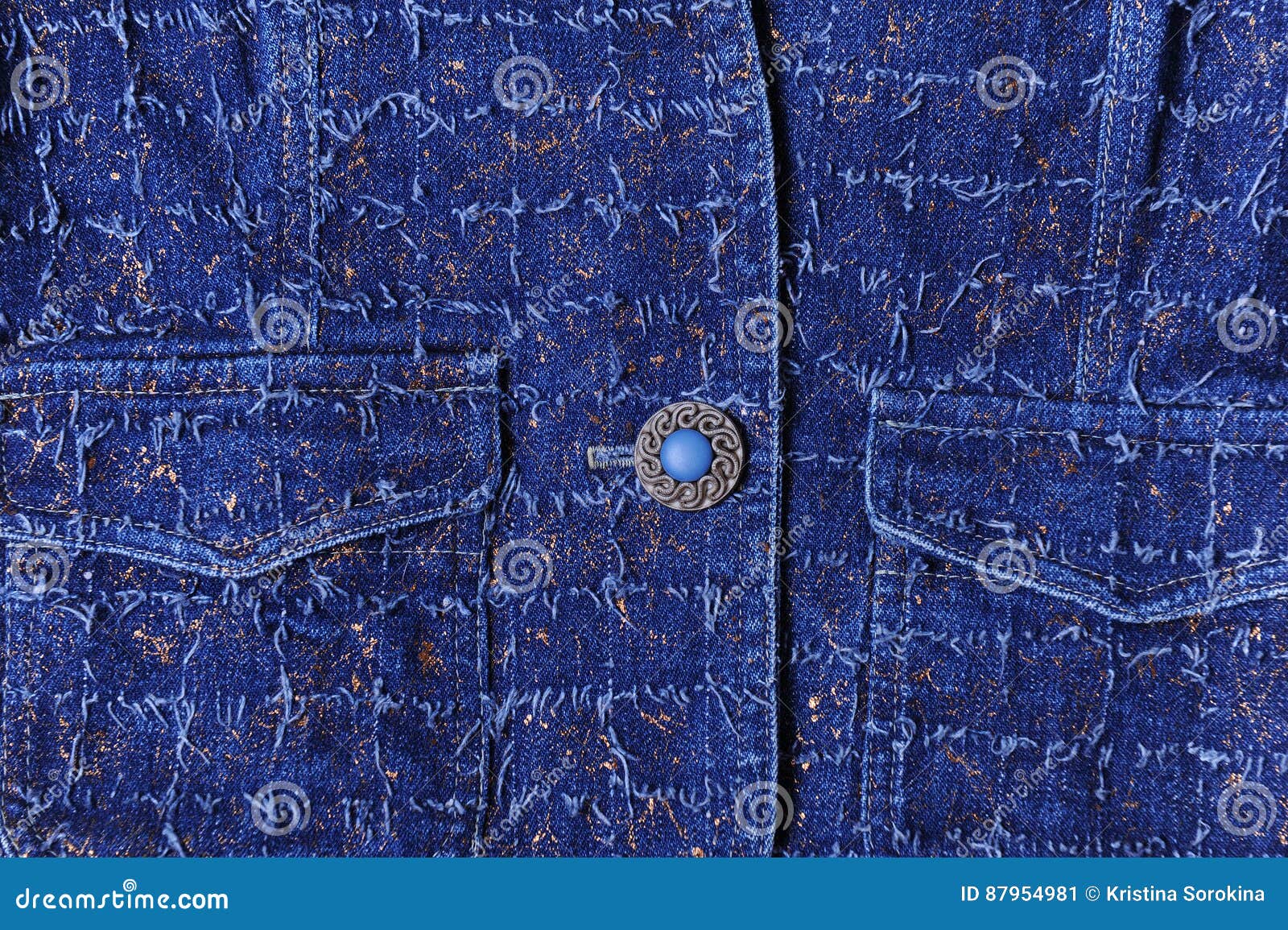 Texture of Blue Denim with Gold Threads. Beautiful Blue Button, Pockets ...