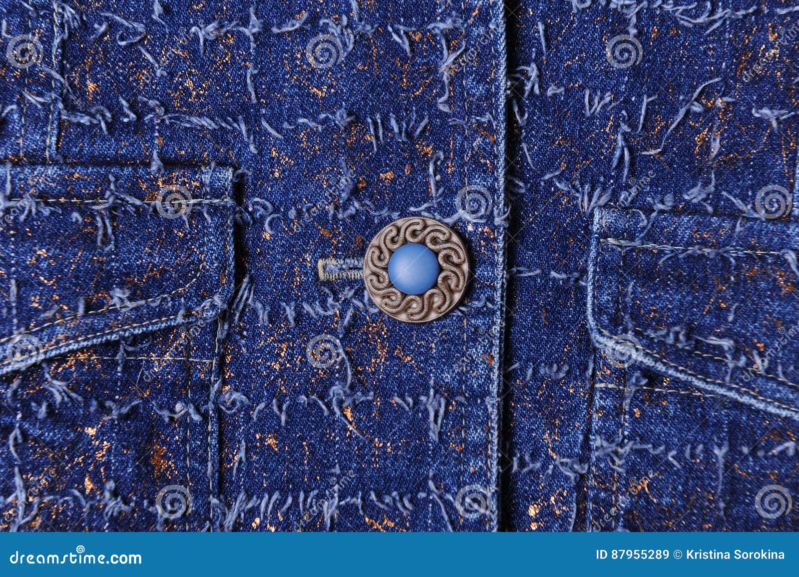Texture of Blue Denim with Gold Threads. Beautiful Blue Button, Pockets ...