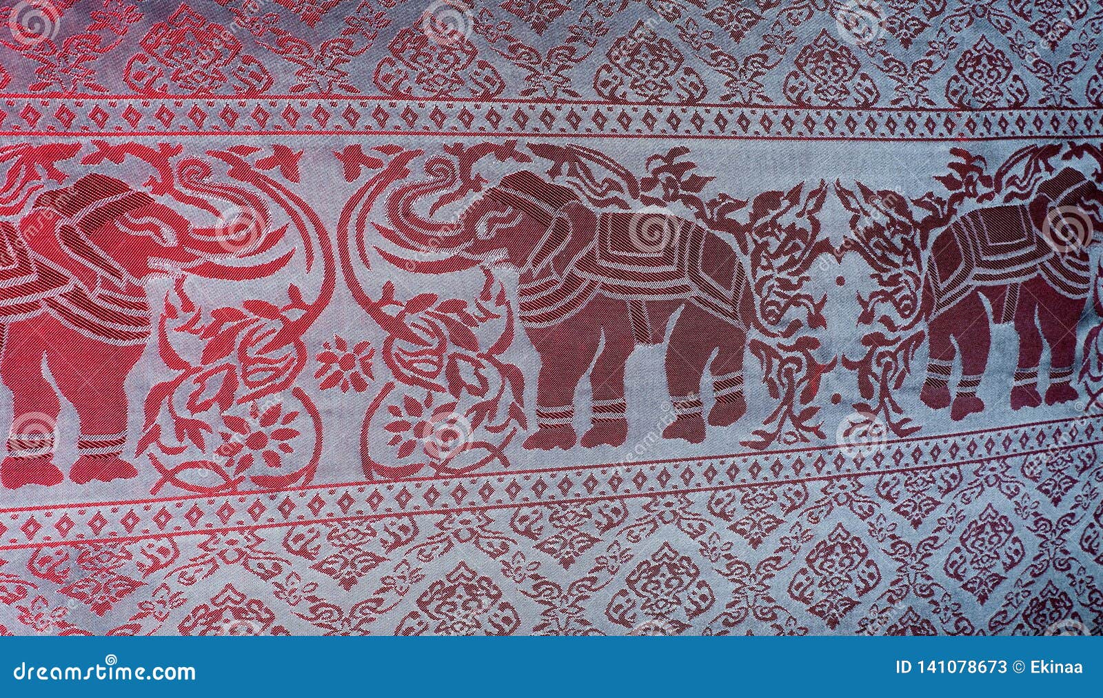 The Texture of Cotton Fabric, with Red Painted Elephants, Made I Stock ...