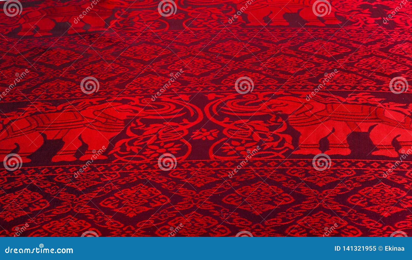 The Texture of Cotton Fabric, with Red Painted Elephants, Made I Stock ...