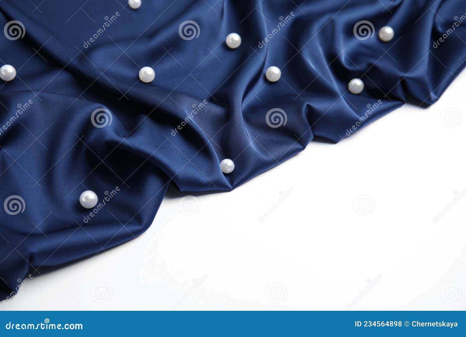 Texture of Delicate Dark Blue Silk with Pearls on White Background ...