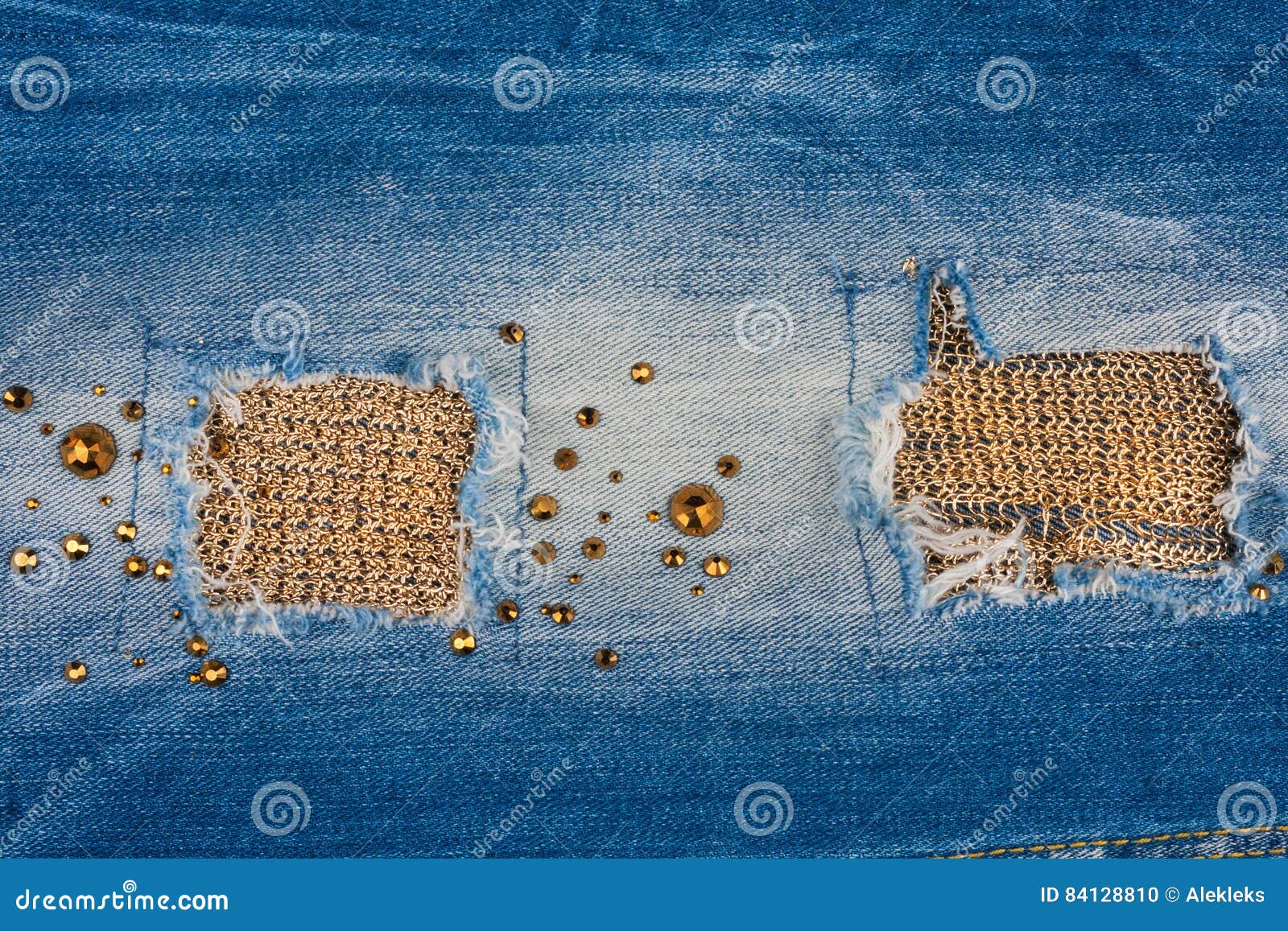 Texture of Denim Fabric with Gold Threads, Inlaid Rhinestones. Stock ...