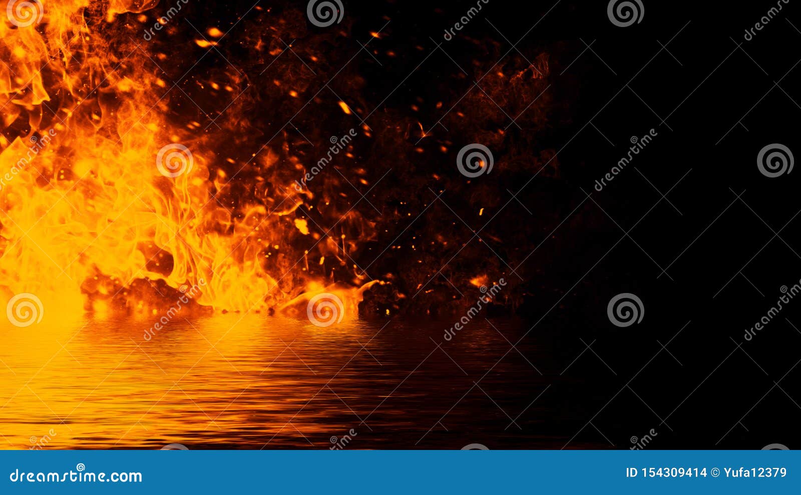Texture of Fire with Reflection in Water. Flames on Isolated Black ...