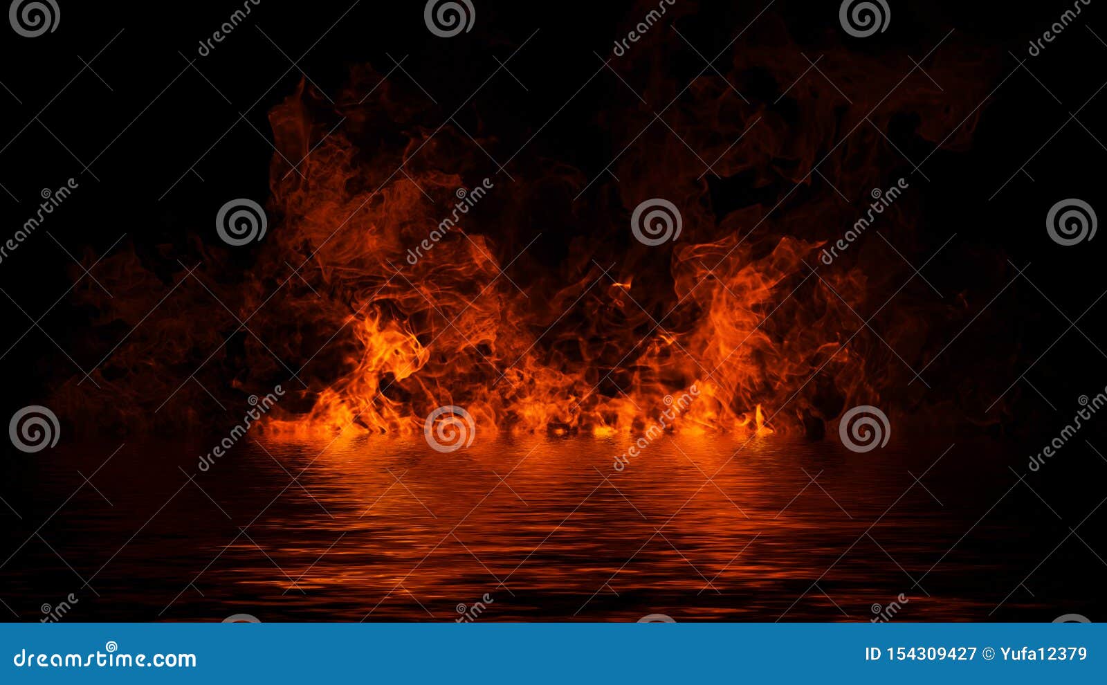 Texture of Fire with Reflection in Water. Flames on Isolated Black ...