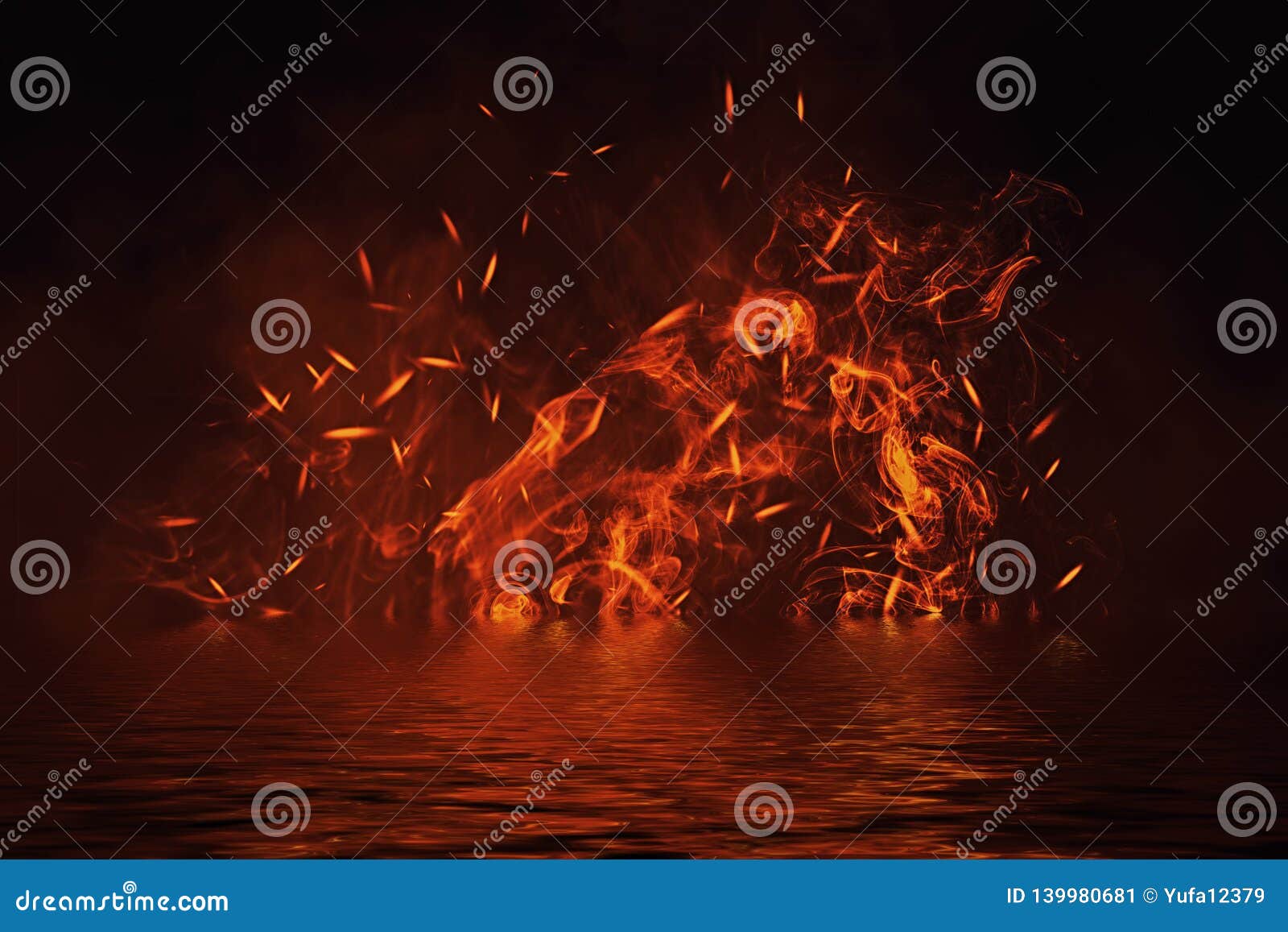 Texture of Fire with Reflection in Water. Flames on Isolated Black ...