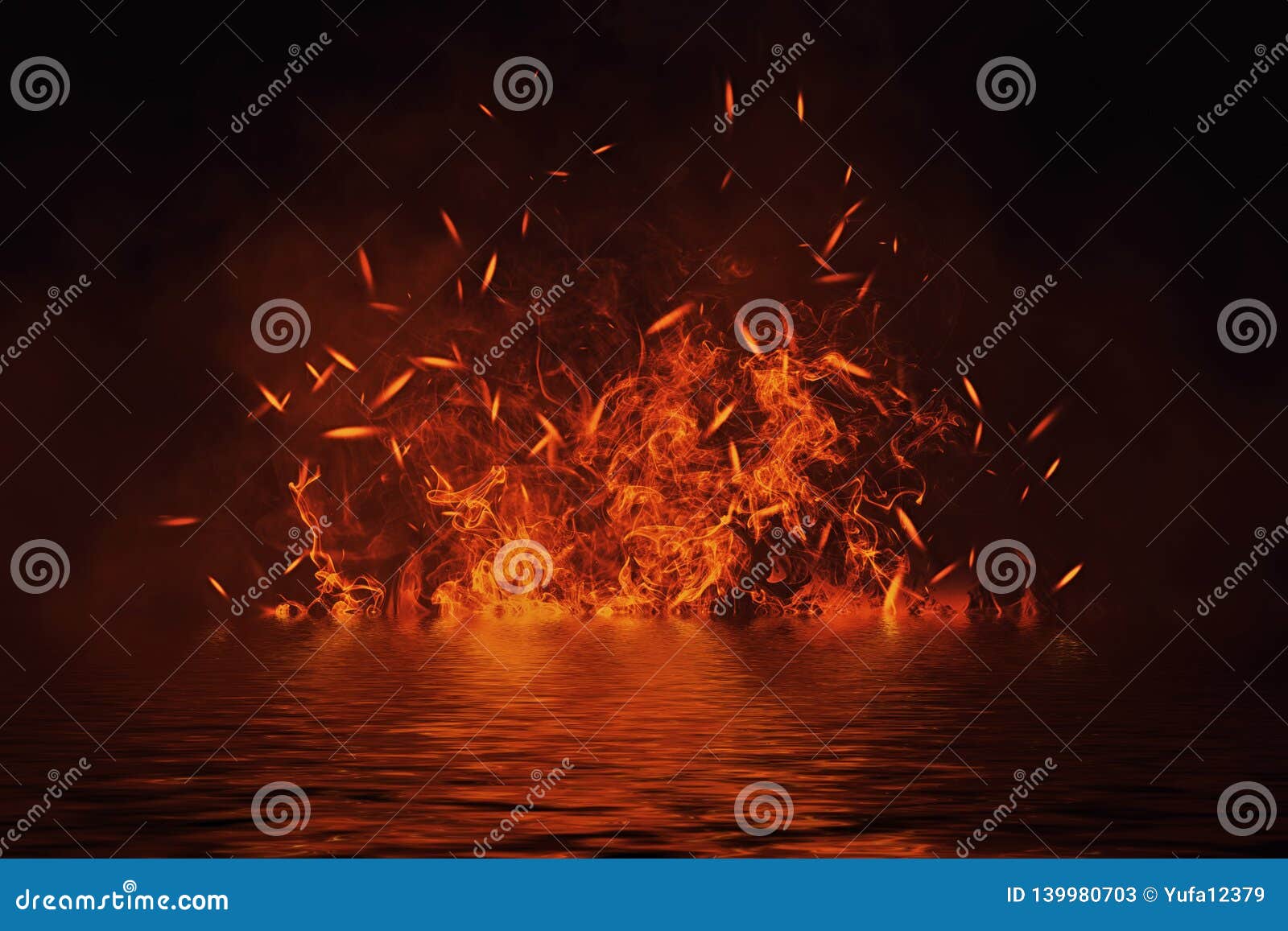 Texture of Fire with Reflection in Water. Flames on Isolated Black ...