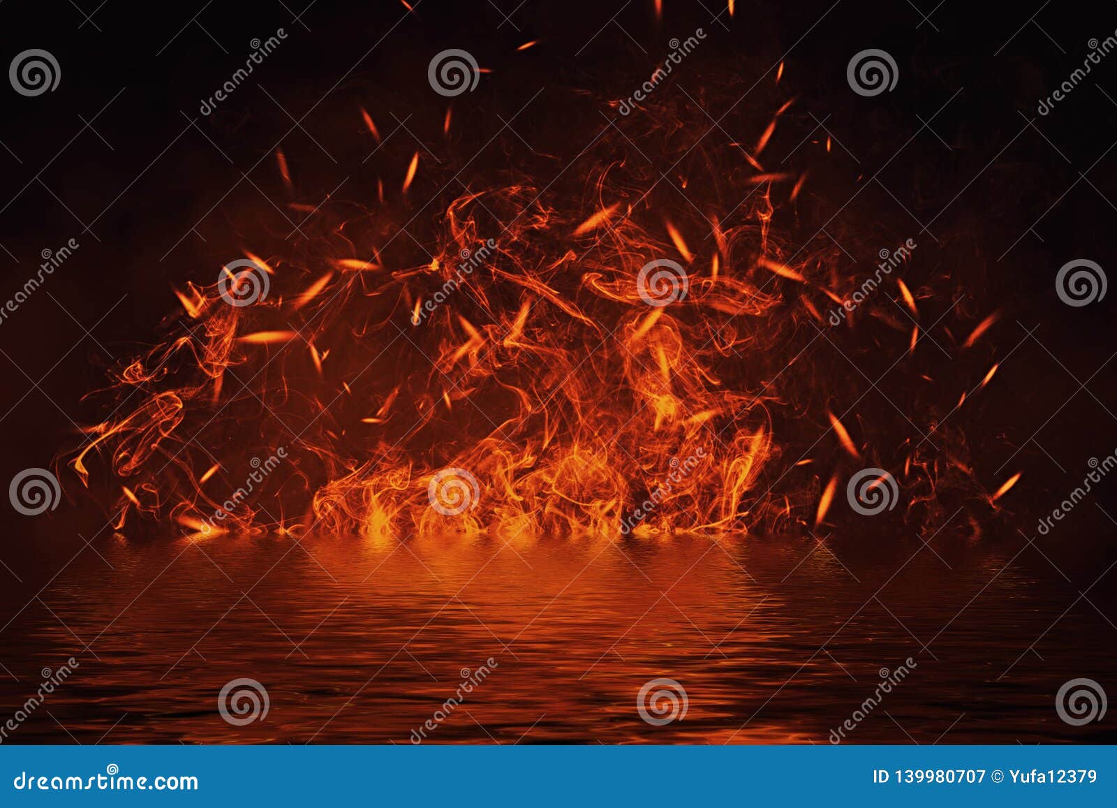 Texture of Fire with Reflection in Water. Flames on Isolated Black ...