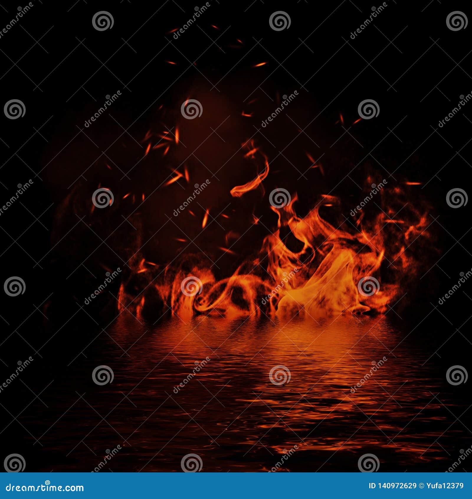 Texture of Fire with Reflection in Water. Flames with Fire Particles ...