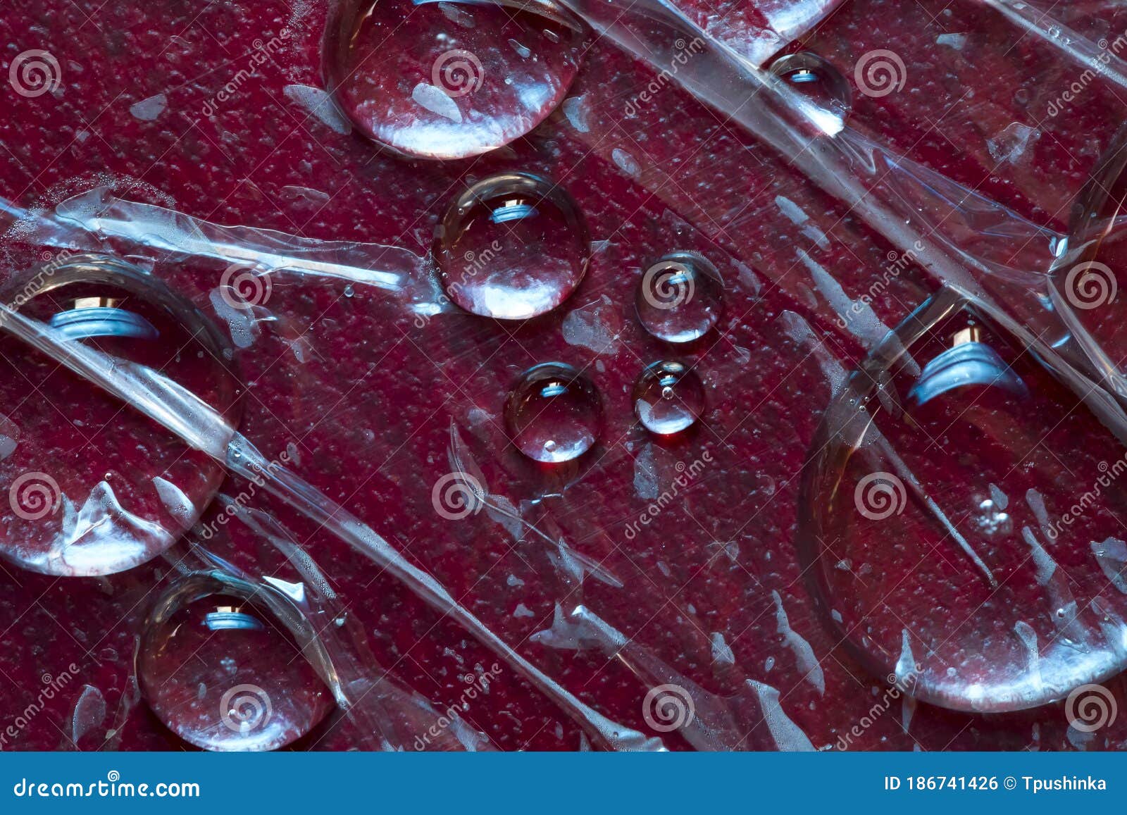 Texture. Flowing Transparent Raindrops are Located on the Red Leather ...