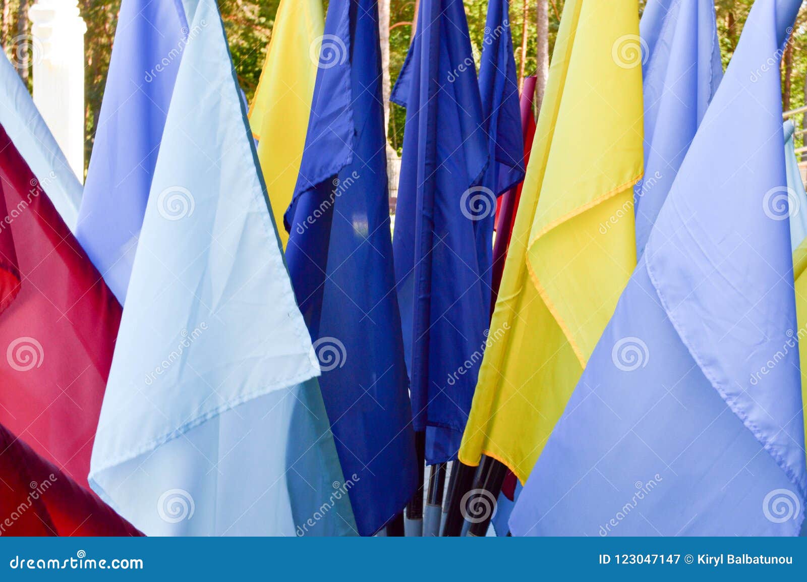 Texture of Multi-colored Festive Red, Blue, Yellow Flags Made of Fabric ...