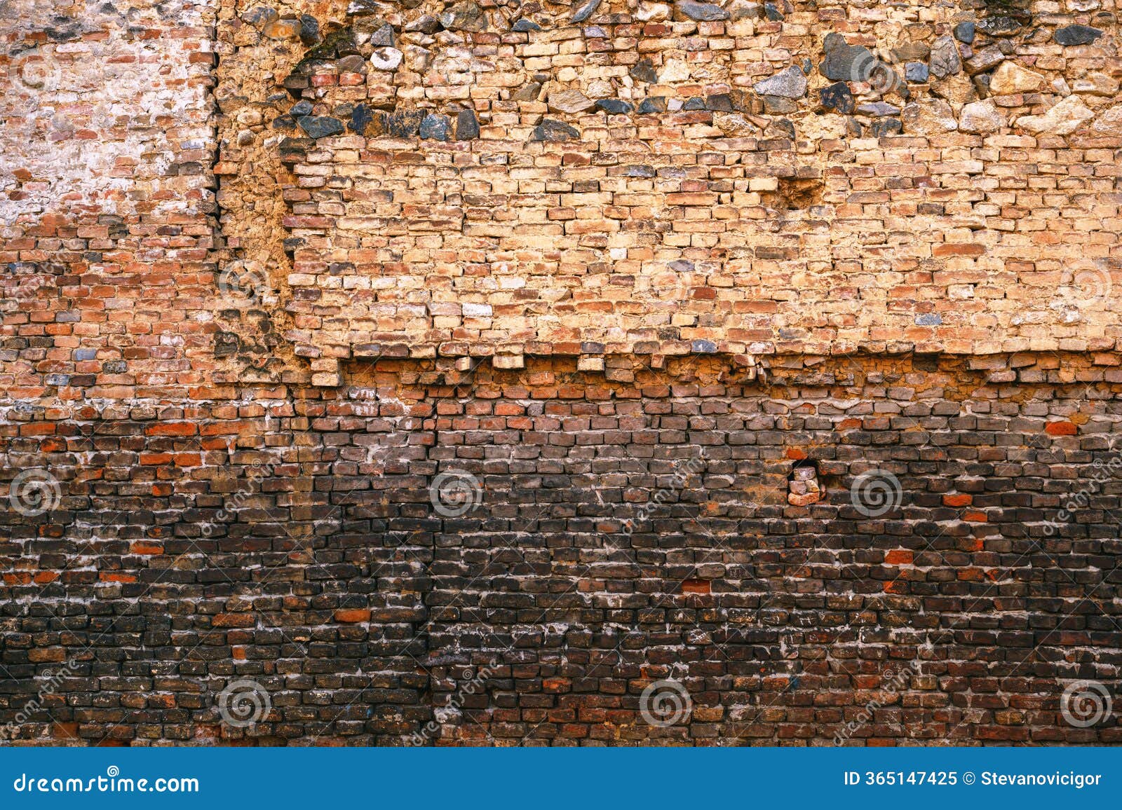 Worn Brick Fence At The Roadside. Brick Wall And Windows Of A House On ...