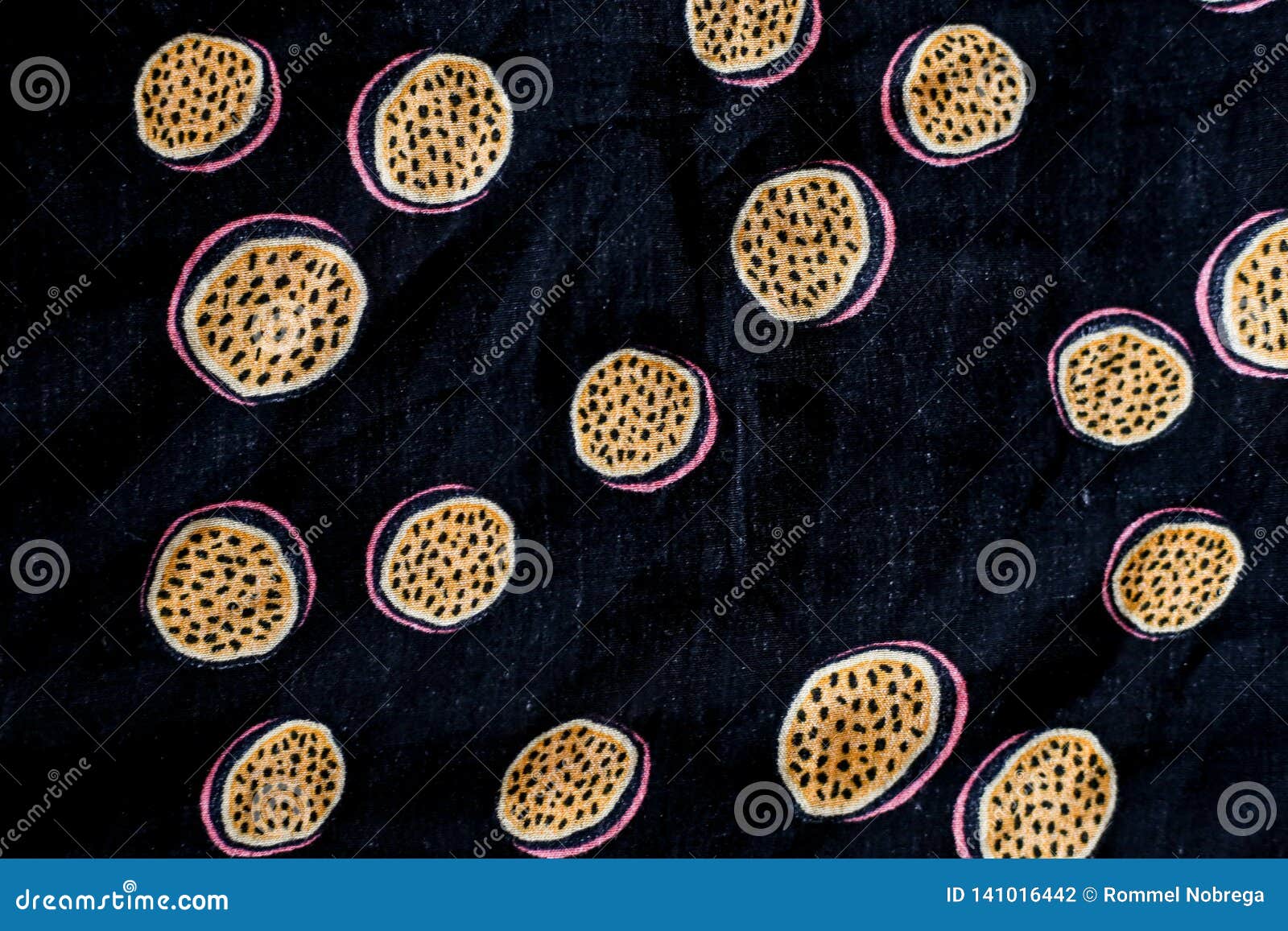 Texture with Passion Fruit Painted in Dark Blue Fabric Stock Photo ...