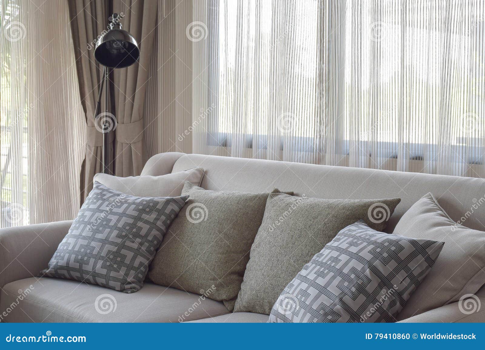 Texture Pillows on Beige Sofa in Modern Living Room Stock Photo - Image ...