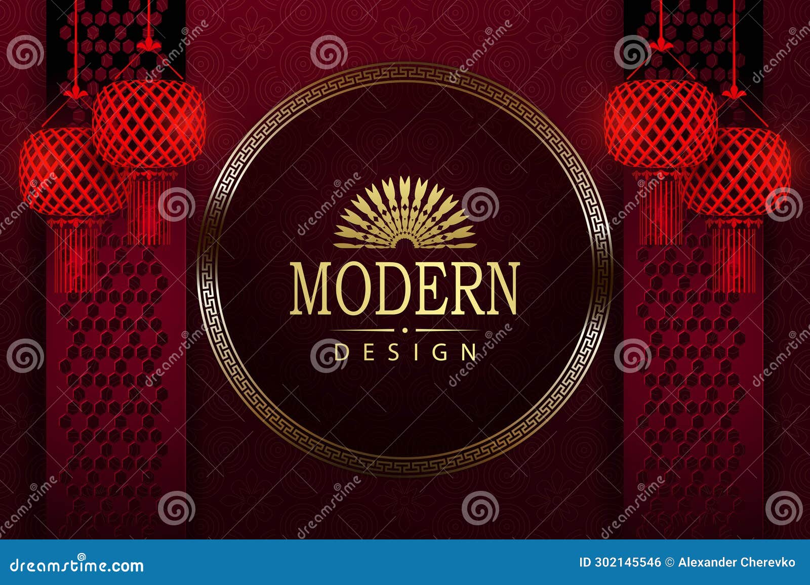 Texture Red Composition with Round Frame, Lanterns in Paper Art Style ...