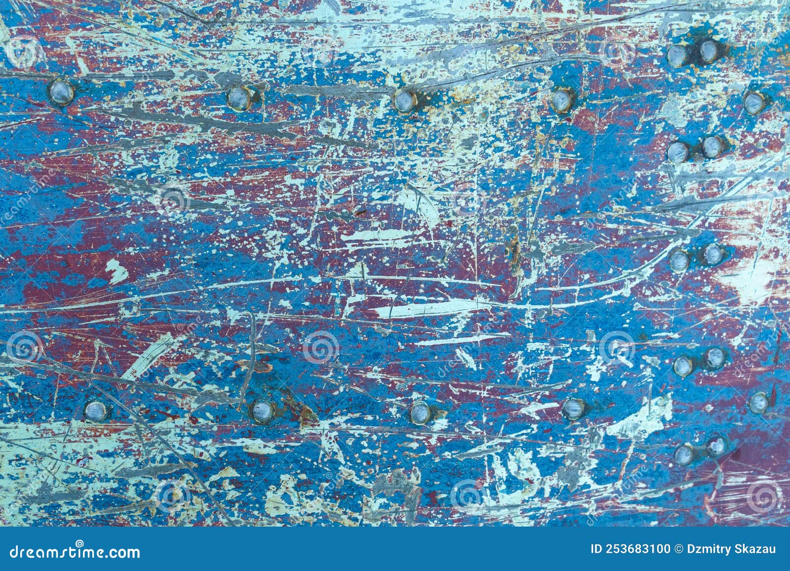 Texture of Rusty Metal with Rivets, Blue and Red Paints. Stock Photo ...