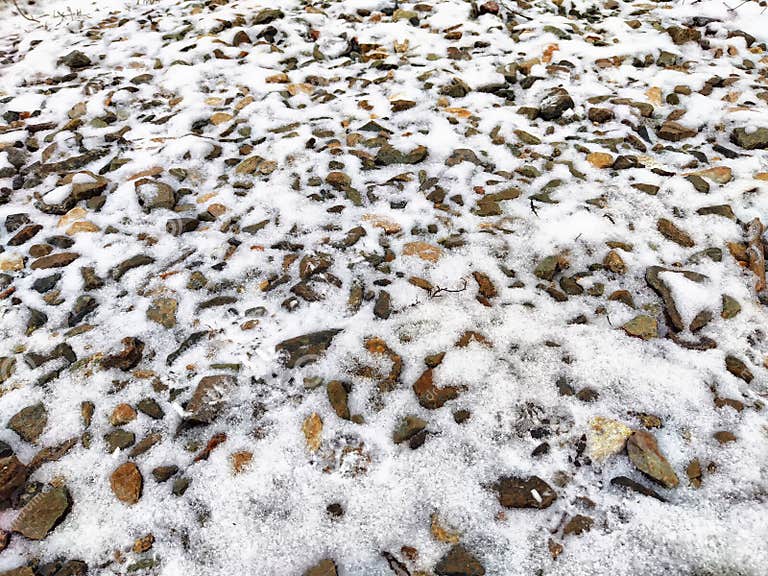Texture of Small Stones with Snow. Background of Pebbles and Ice Stock ...