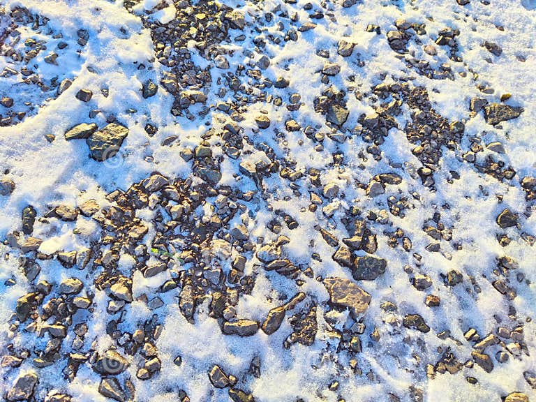 Texture of Small Stones with Snow. Background of Pebbles and Ice Stock ...
