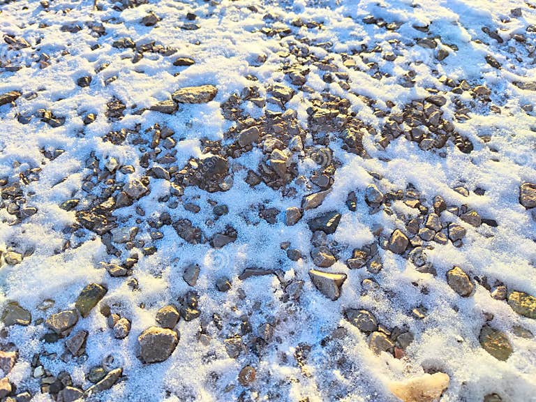 Texture of Small Stones with Snow. Background of Pebbles and Ice Stock ...