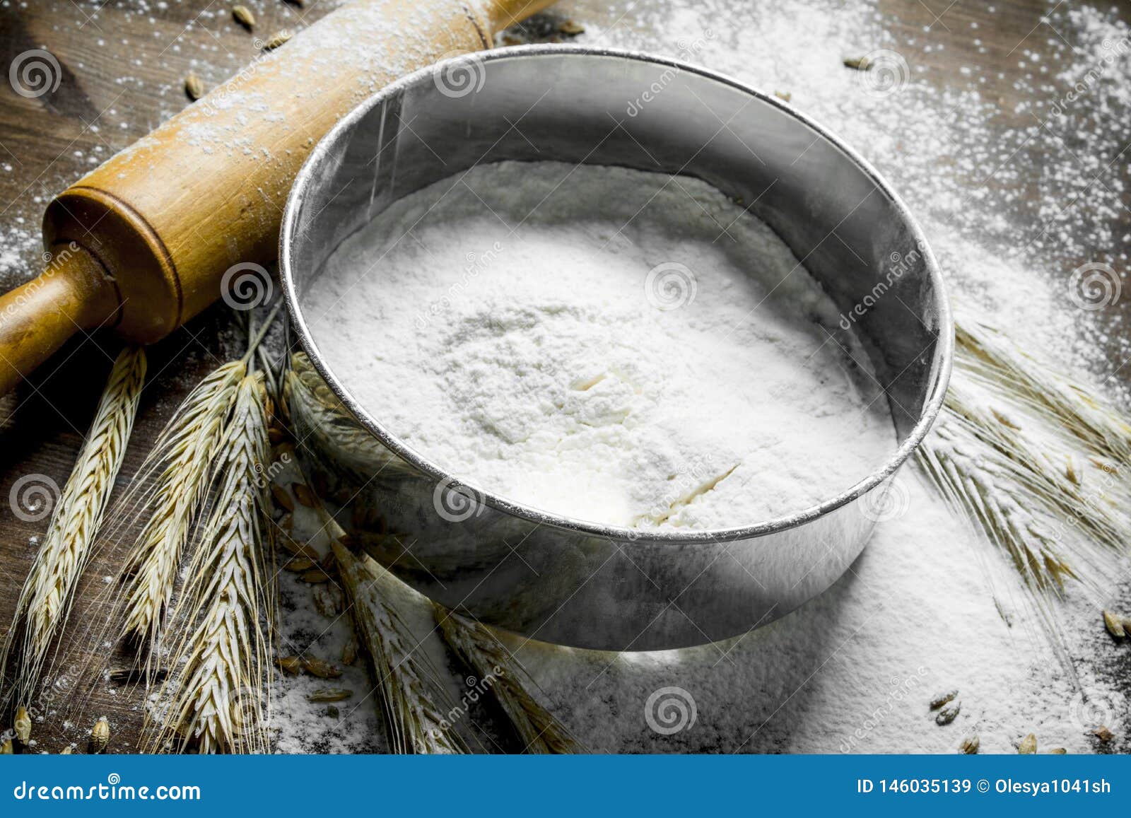 Texture Wheat Flour with a Sieve and Rolling Pin Stock Image - Image of ...