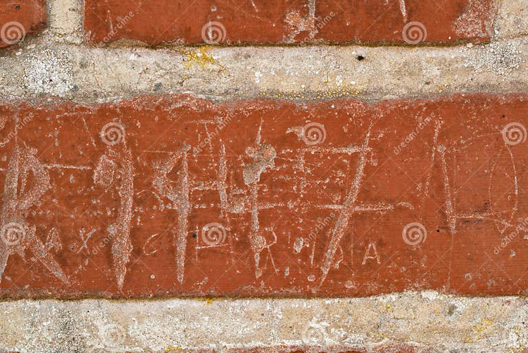Texture, Writing and Scratch on Brick Wall of Building in City for ...