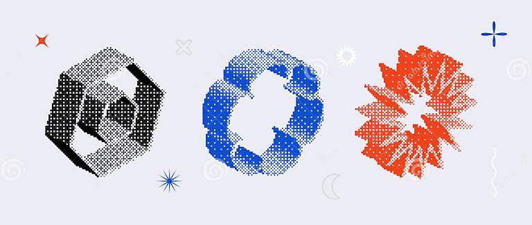 Textured Bitmap Shapes Set. Blue, Red, Black Dither Halftone Objects ...