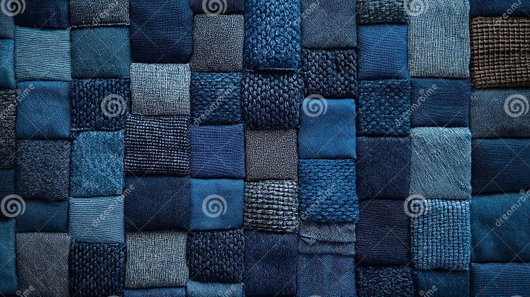 Textured Blue Fabric Patchwork Background with Diverse Patterns and ...