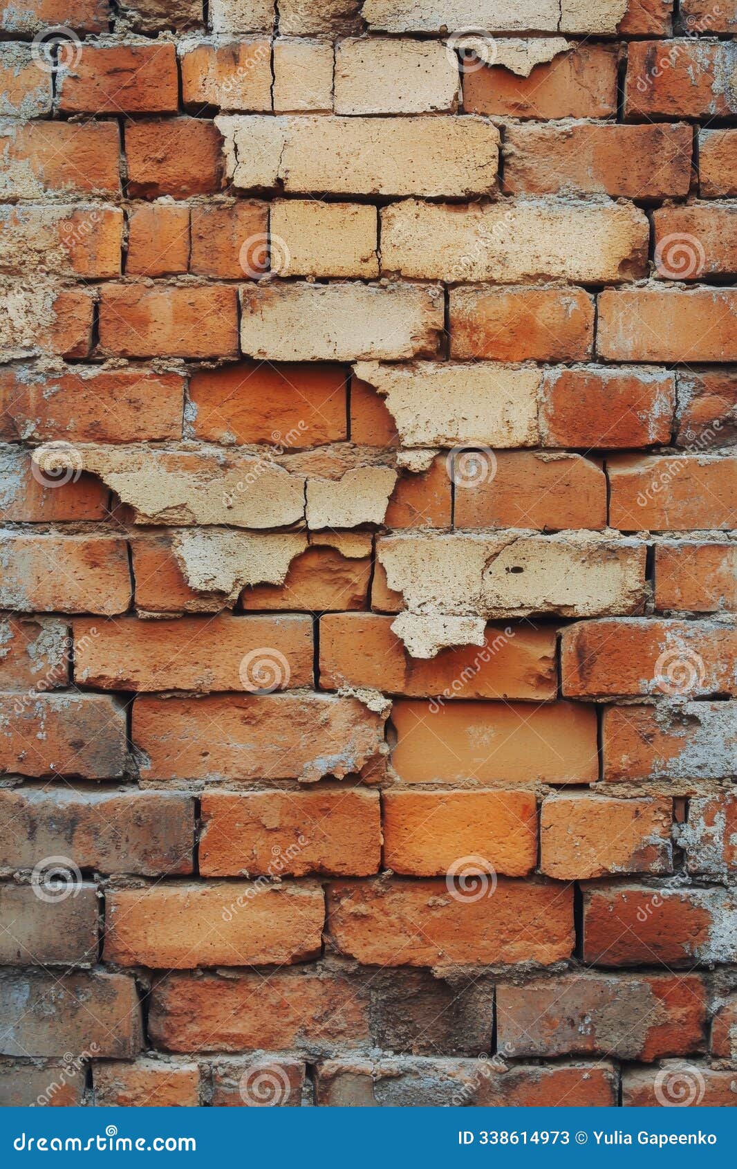 Textured Brick Wall with Weathered Mortar and Peeling Plaster in an ...