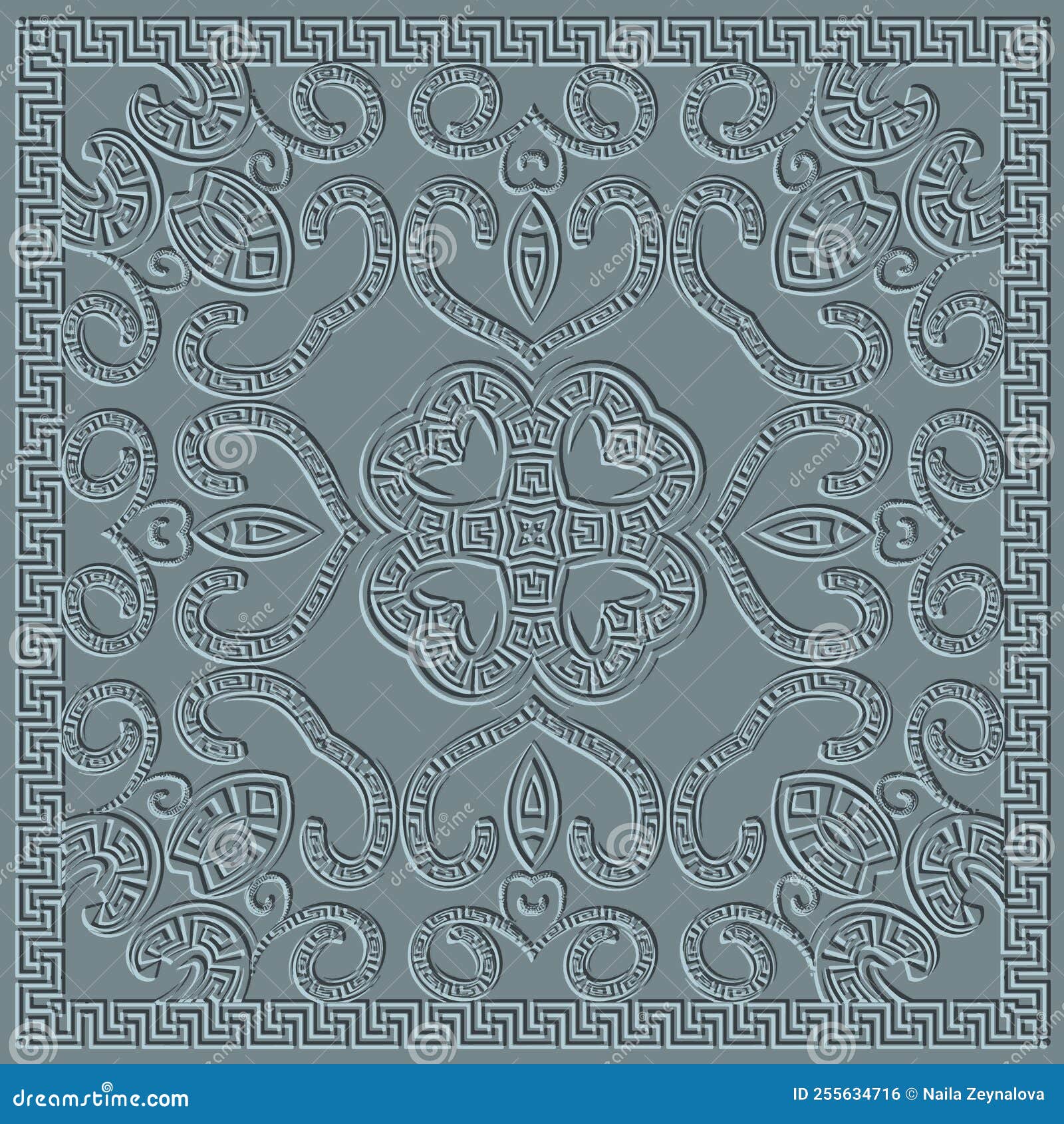 Textured Floral Blue Seamless Pattern with Square Frame. Greek Emboss ...