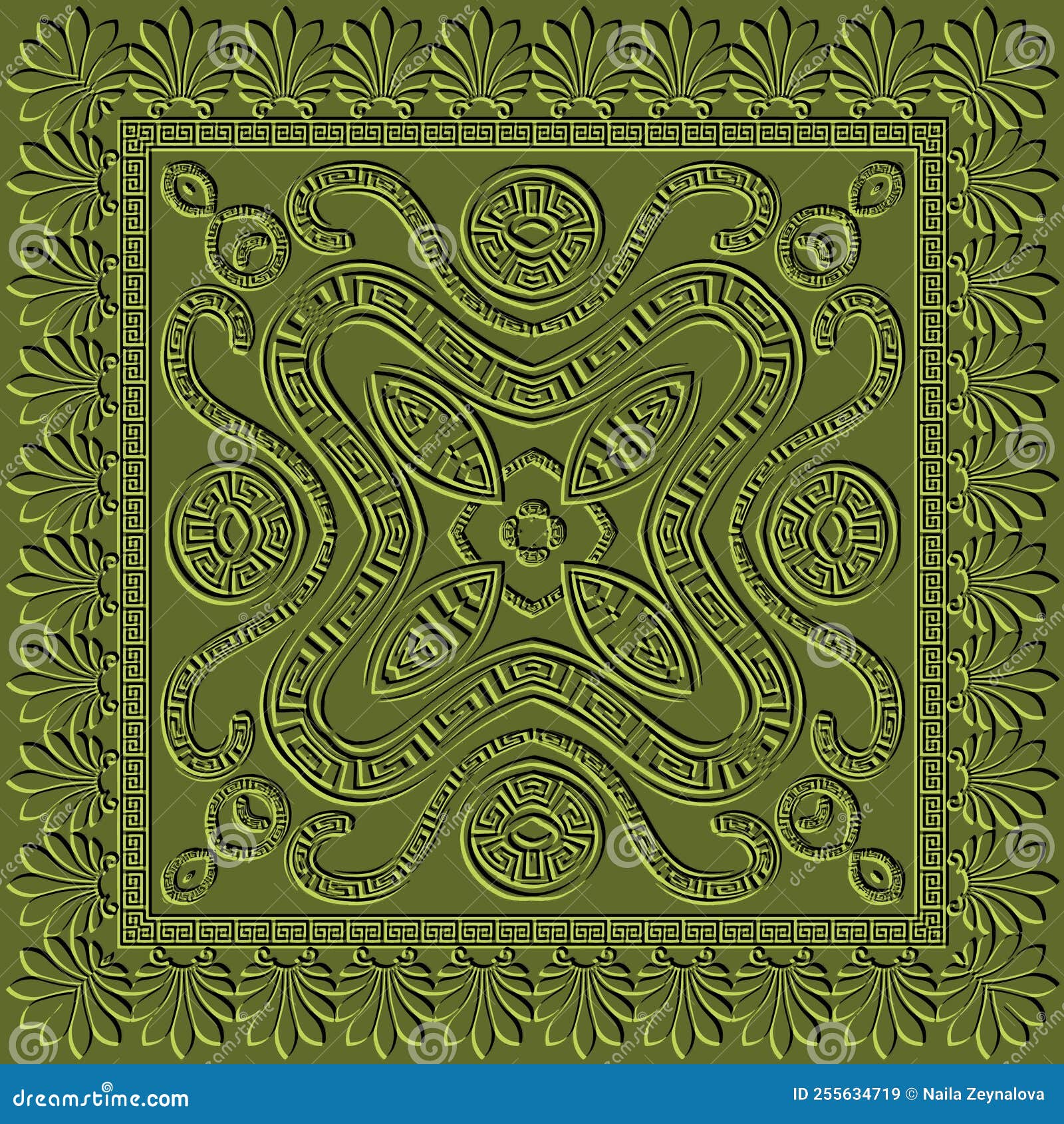 Textured Floral Green Seamless Pattern with Square Frame. Greek Emboss ...