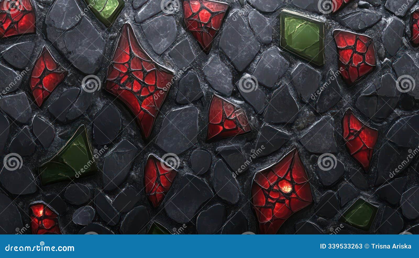 A Textured Surface Featuring Dark Stones with Red and Green Gem-like ...