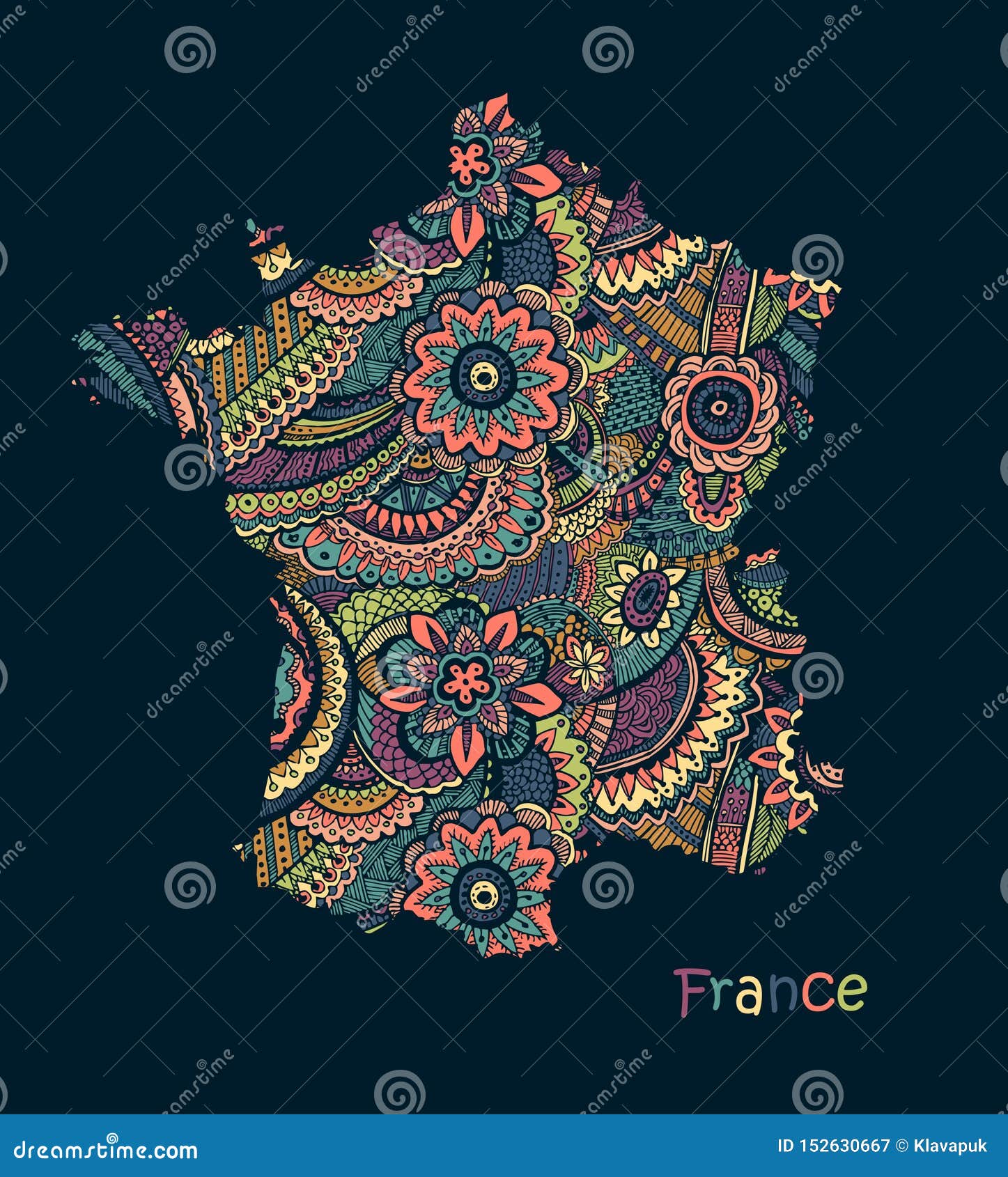 Textured Vector Map of France. Hand Drawn Ethno Pattern Stock Vector ...