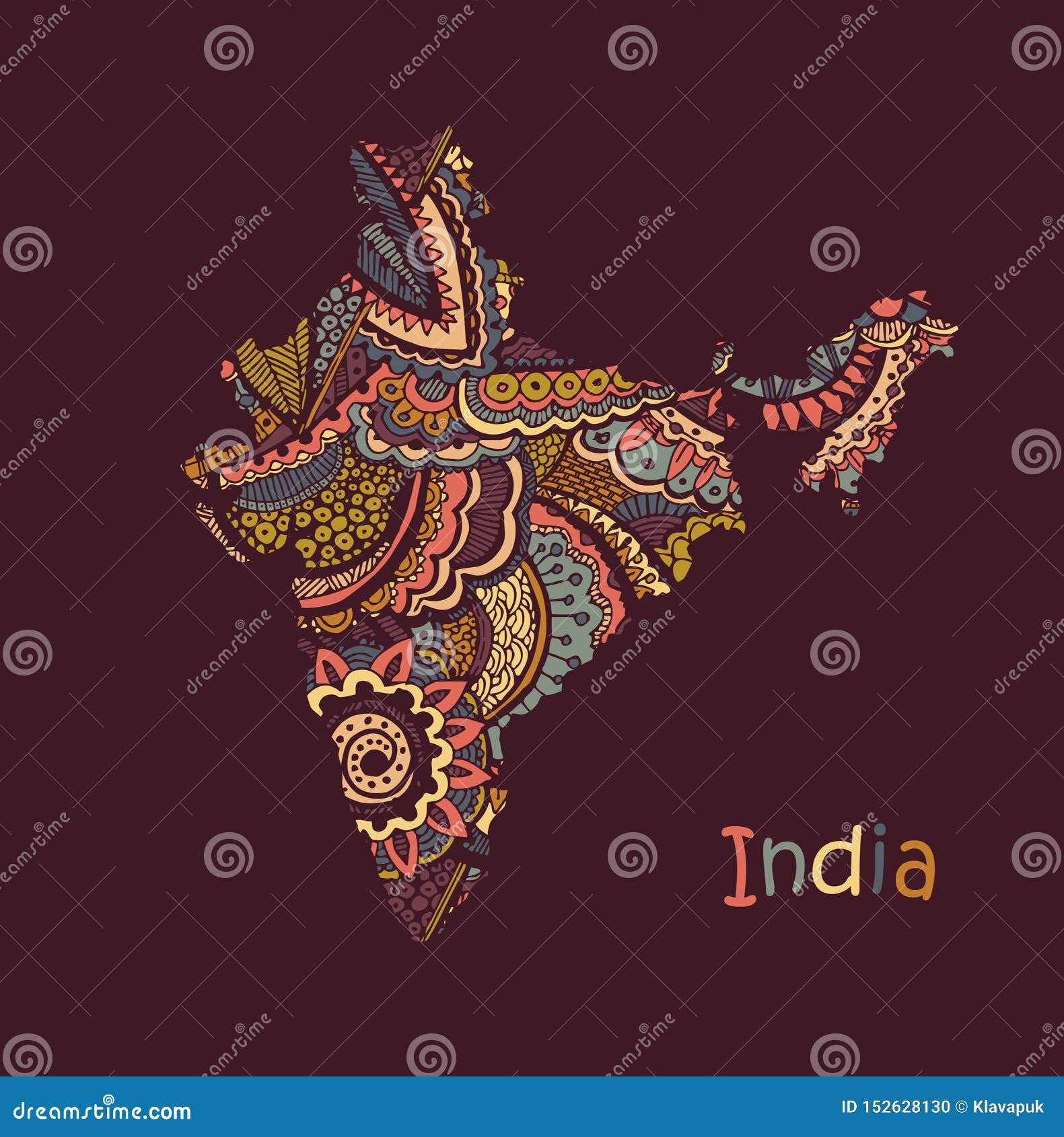 Textured Vector Map of India. Hand Drawn Ethno Pattern, Tribal ...