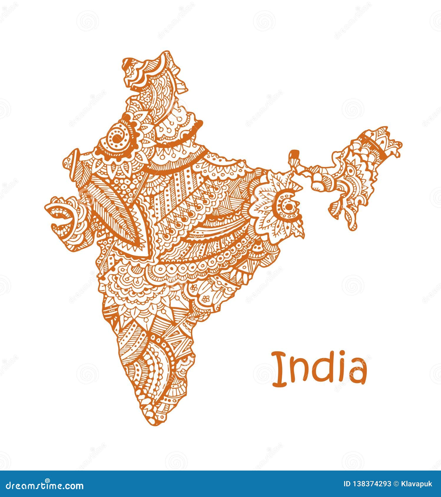 Textured Vector Map Of India. Hand Drawn Ethno Pattern, Tribal ...