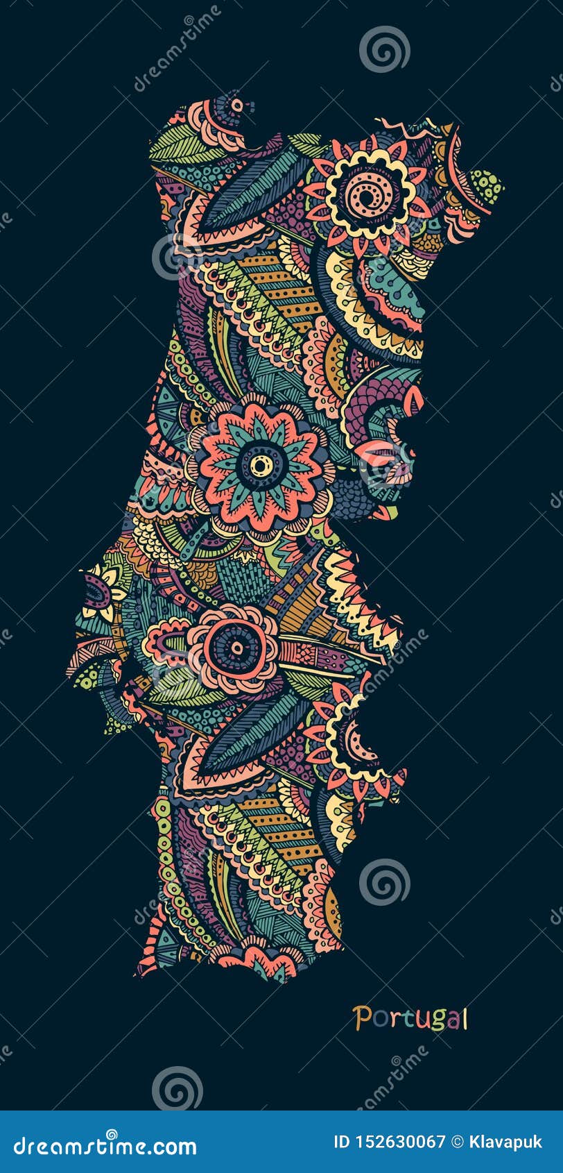 Textured Vector Map of Portugal. Hand Drawn Ethno Pattern Stock Vector ...