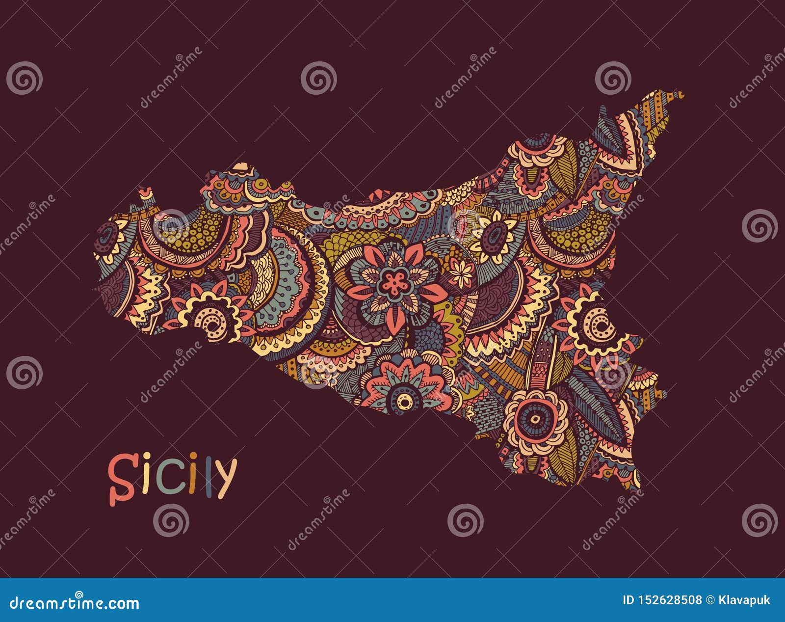 Textured Vector Map of Sicily. Hand Drawn Ethno Pattern Stock Vector ...