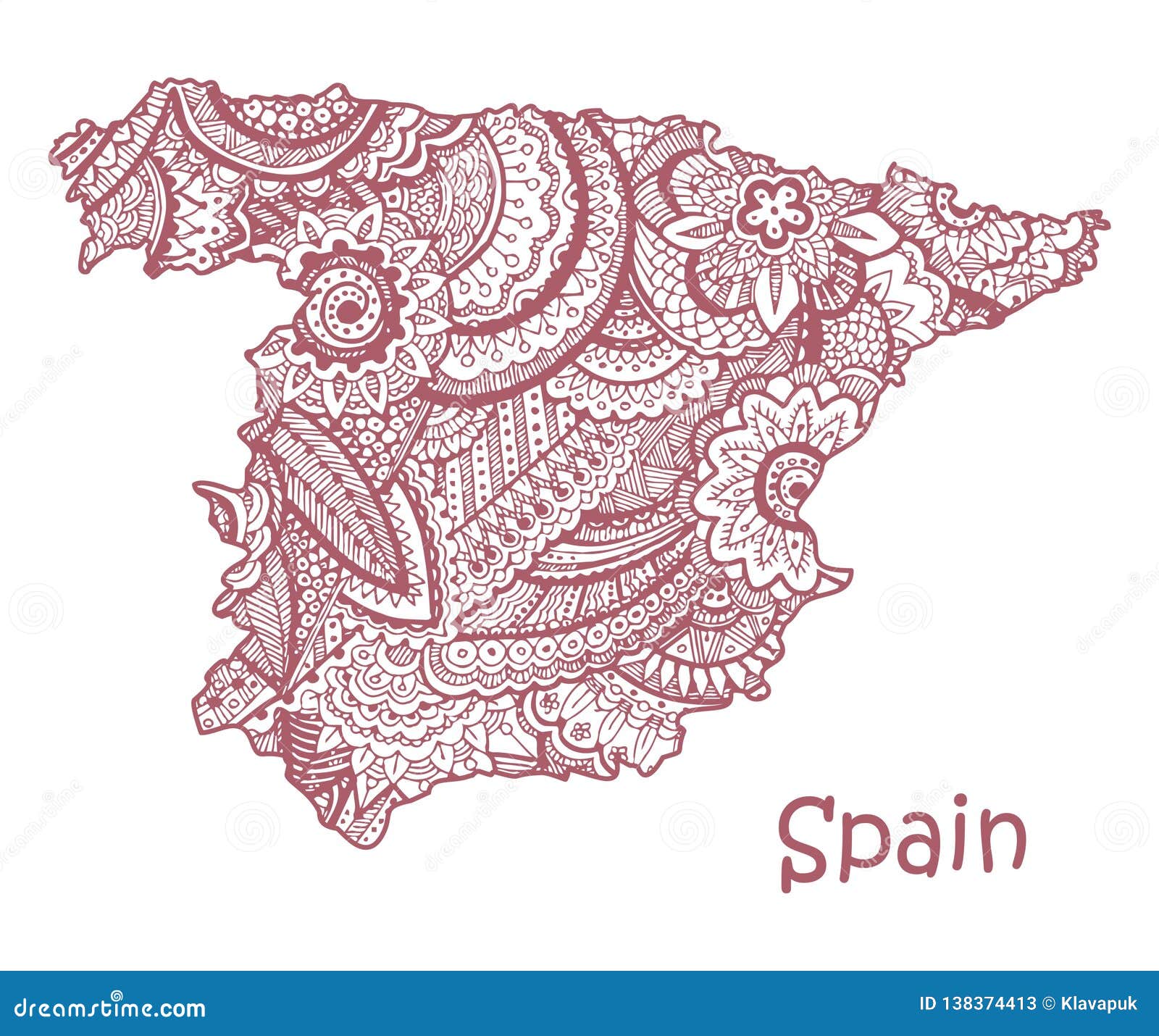 Textured Vector Map of Spain. Hand Drawn Ethno Pattern, Tribal ...