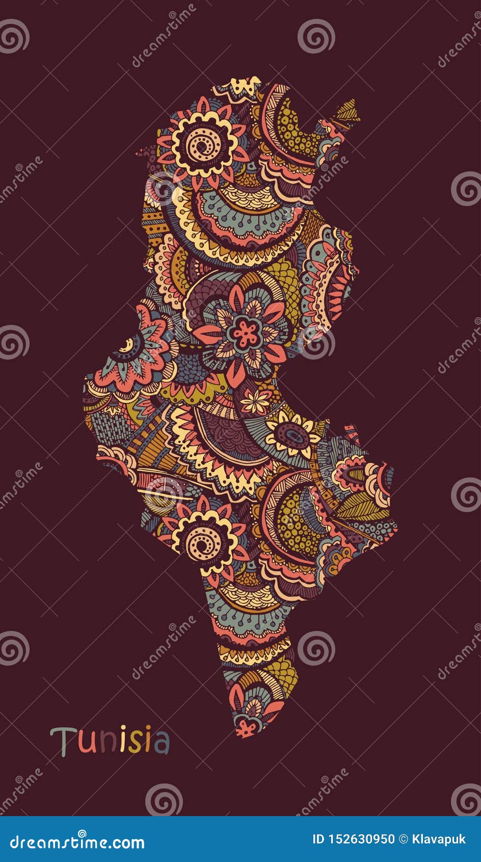 Textured Vector Map of Tunisia. Hand Drawn Ethno Pattern, Tribal ...