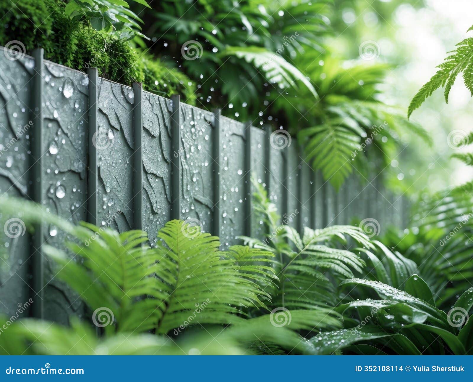 Textured Waterfall Inspired Fence Design in Lush Greenery Setting Stock ...
