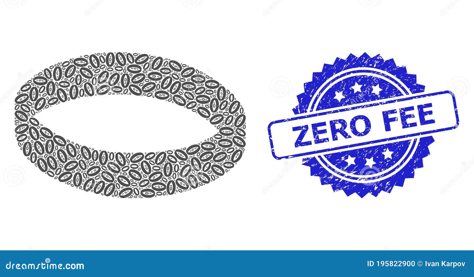 Textured Zero Fee Stamp and Recursive Gold Ring Icon Collage Stock ...