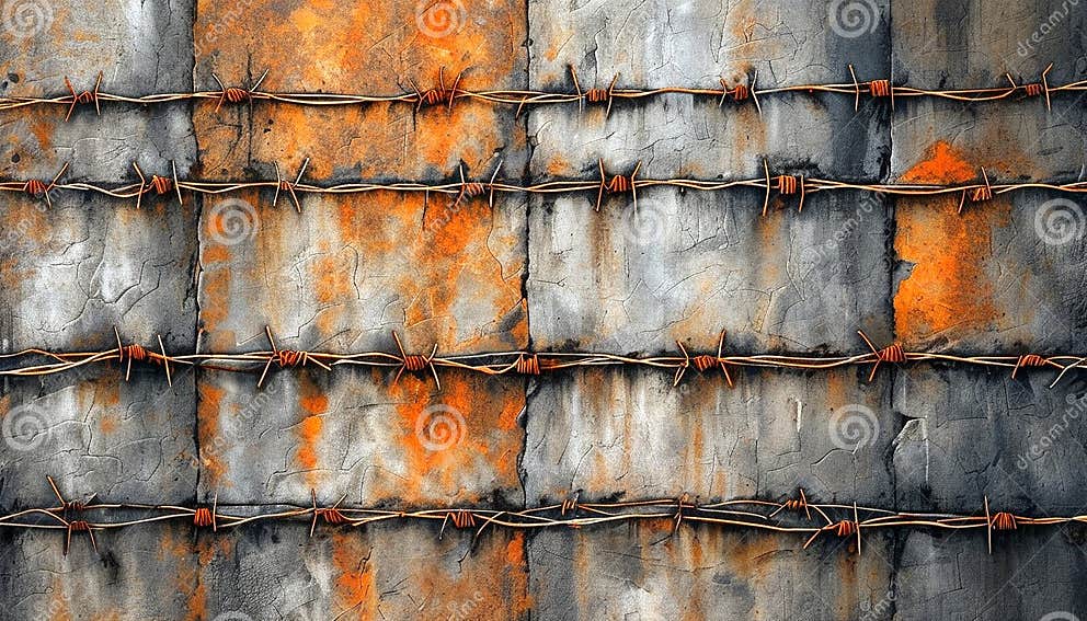 Rust and Barbed Wire Create a Striking Contrast on a Weathered Concrete ...