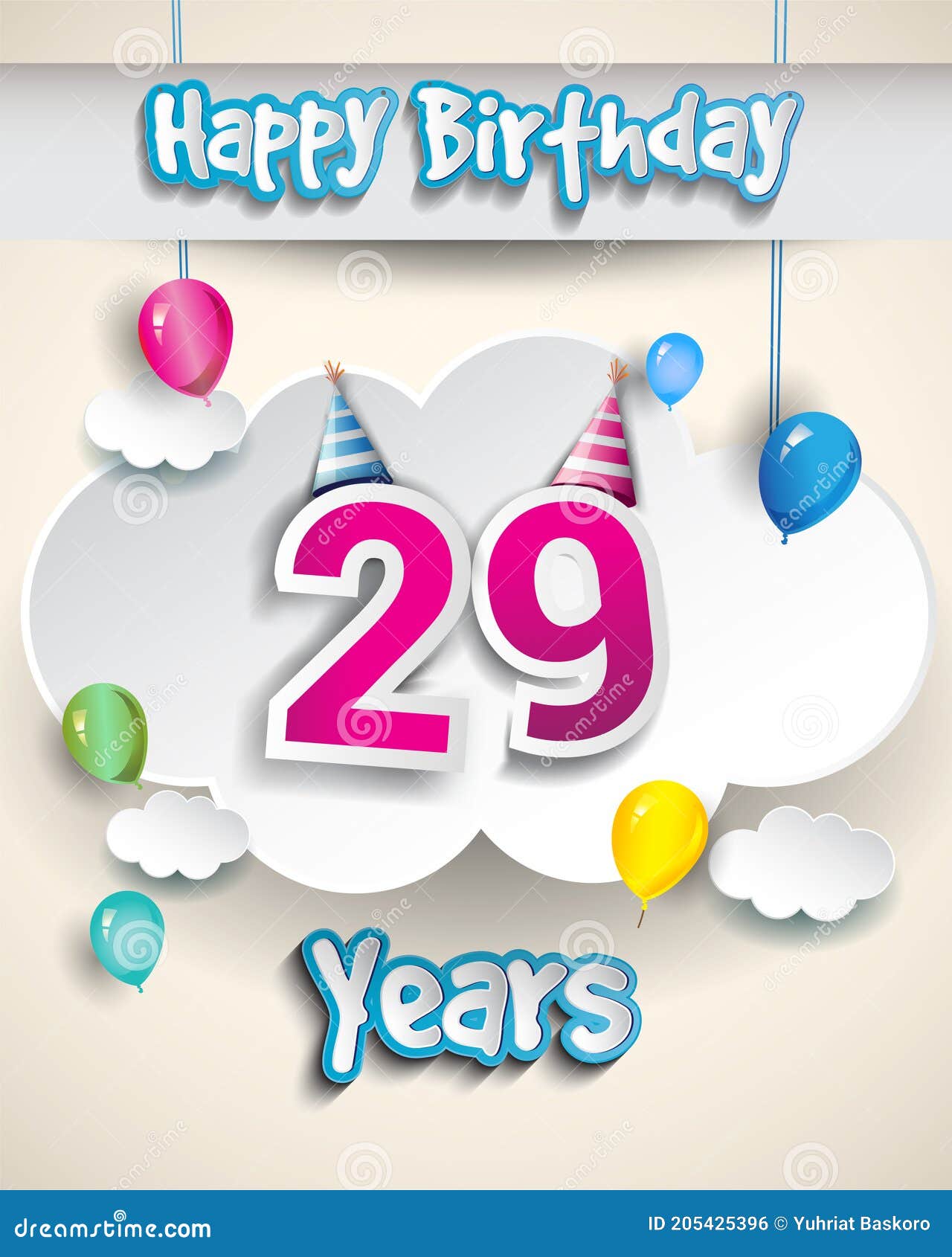 29th Anniversary Celebration Design, with Clouds and Balloons, Confetti ...