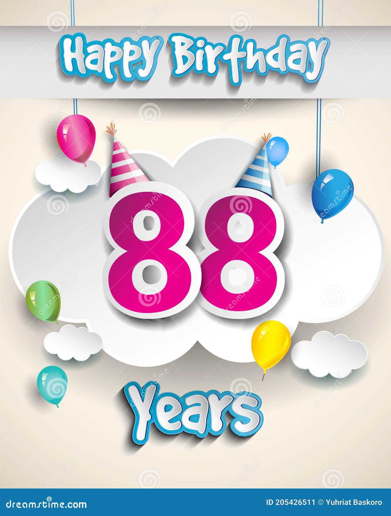 88th Anniversary Celebration Design, with Clouds and Balloons, Confetti ...