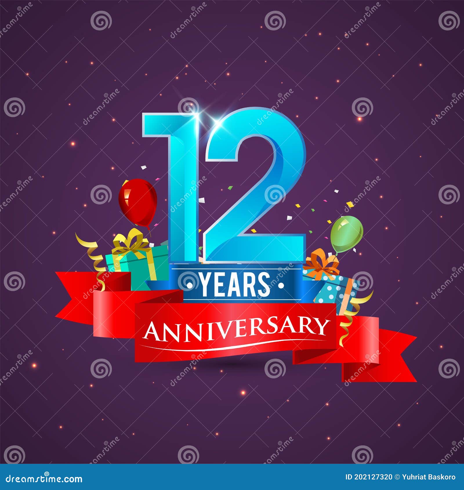 12th Anniversary Celebration Logo, with Gift Box and Balloons, Red ...