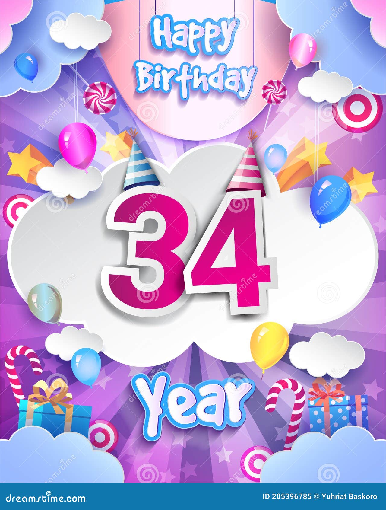 34th Birthday Celebration Greeting Card Design, with Clouds and ...
