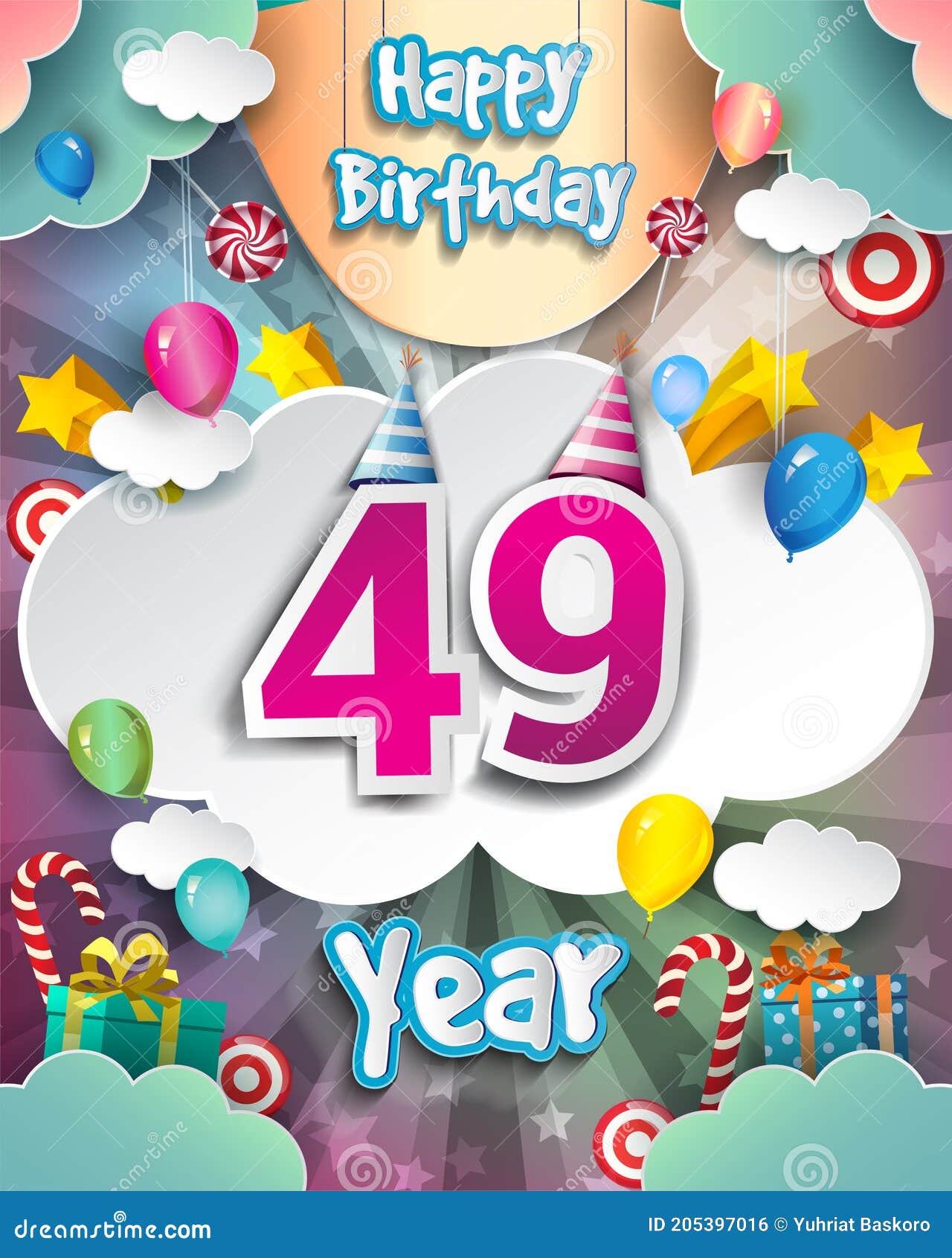 49th Birthday Celebration Greeting Card Design, with Clouds and ...