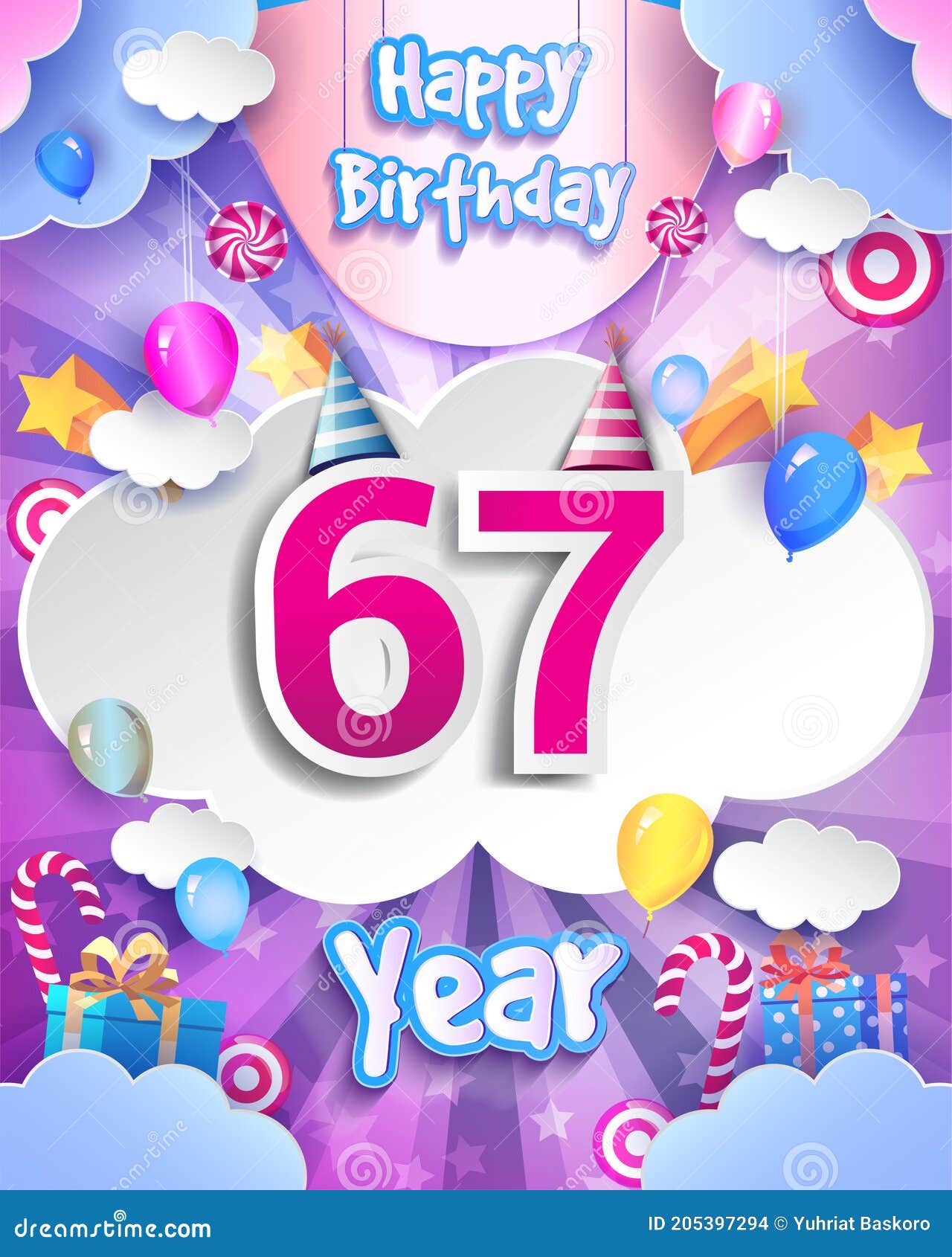 67th Birthday Celebration Greeting Card Design, with Clouds and ...